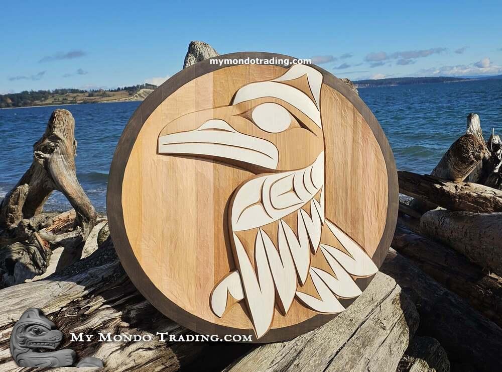 Circular very deep carved cedar, 30"x2" Spirit Raven by Bear (Doug ...